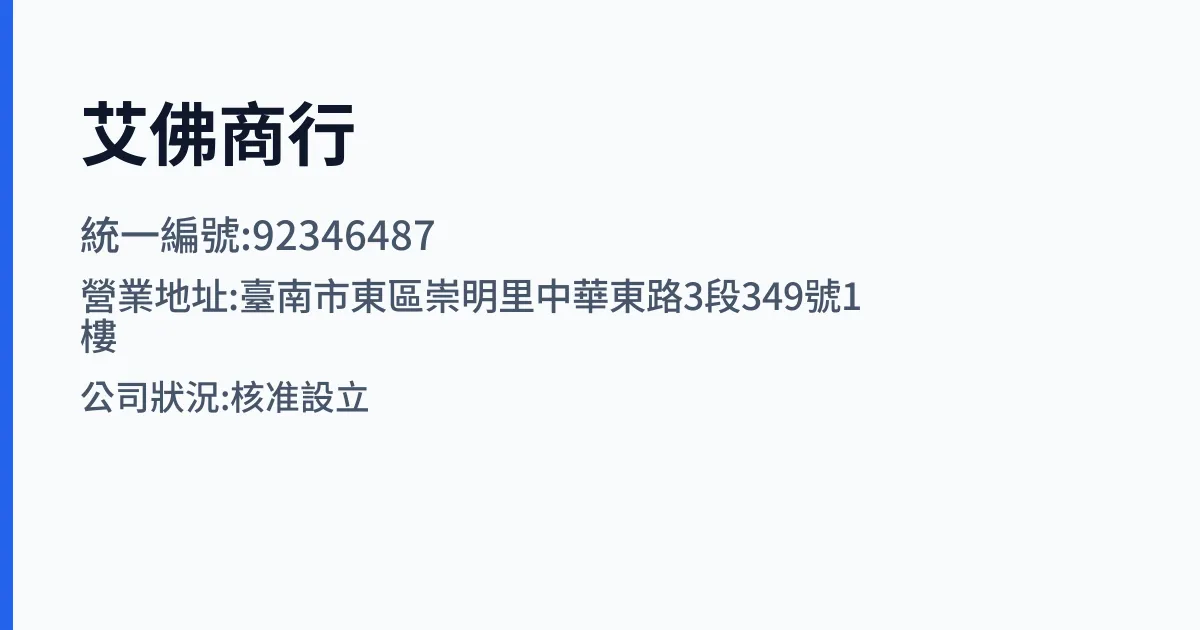 艾佛商行 - 統編 92346487(臺南市) 公司登記資料與營業項目詳細圖表