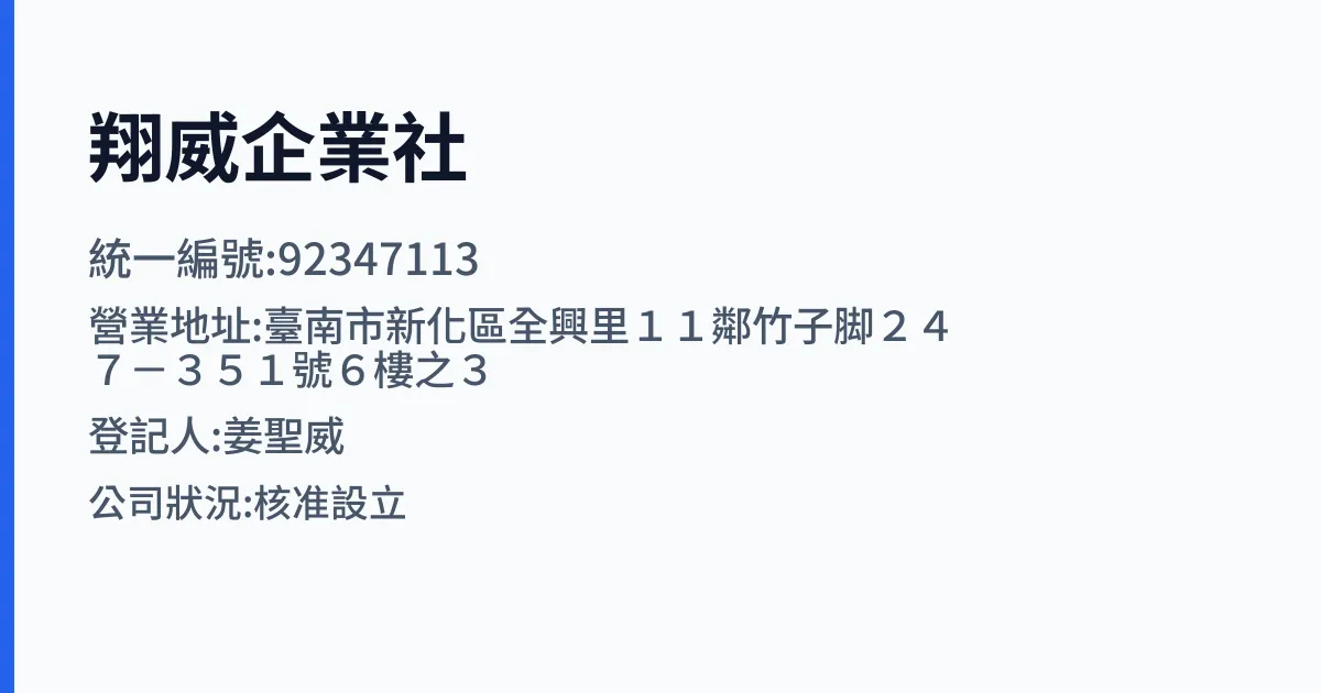 翔威企業社 - 統編 92347113(臺南市) 公司登記資料與營業項目詳細圖表