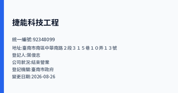 捷能科技工程的照片-統編 92348099(臺南市) 公司登記資料與營業項目詳細圖表