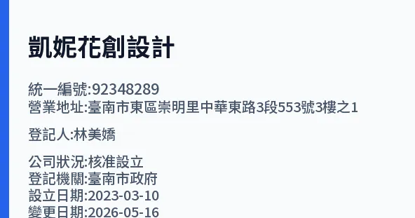 凱妮花創設計的照片-統編 92348289(臺南市) 公司登記資料與營業項目詳細圖表
