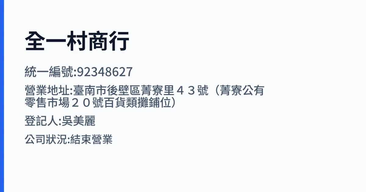 全一村商行 - 統編 92348627(臺南市) 公司登記資料與營業項目詳細圖表