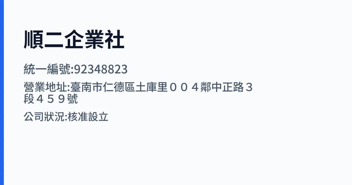 順二企業社 - 統編 92348823(臺南市) 公司登記資料與營業項目詳細圖表