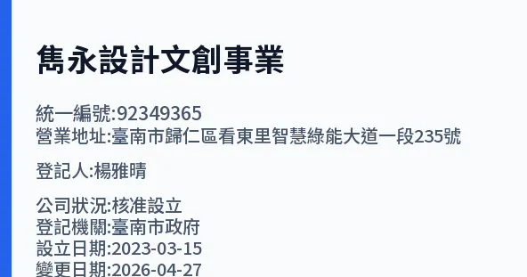 雋永設計文創事業的照片-統編 92349365(臺南市) 公司登記資料與營業項目詳細圖表