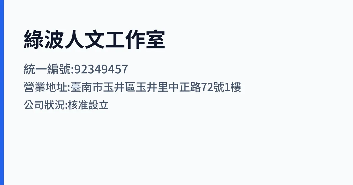綠波人文工作室 - 統編 92349457(臺南市) 公司登記資料與營業項目詳細圖表