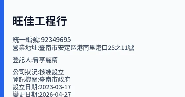 旺佳工程行的照片-統編 92349695(臺南市) 公司登記資料與營業項目詳細圖表