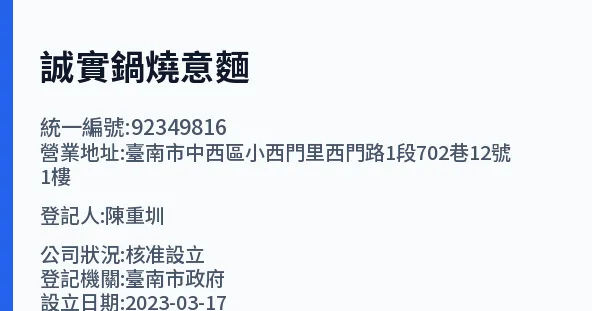 誠實鍋燒意麵的照片-統編 92349816(臺南市) 公司登記資料與營業項目詳細圖表
