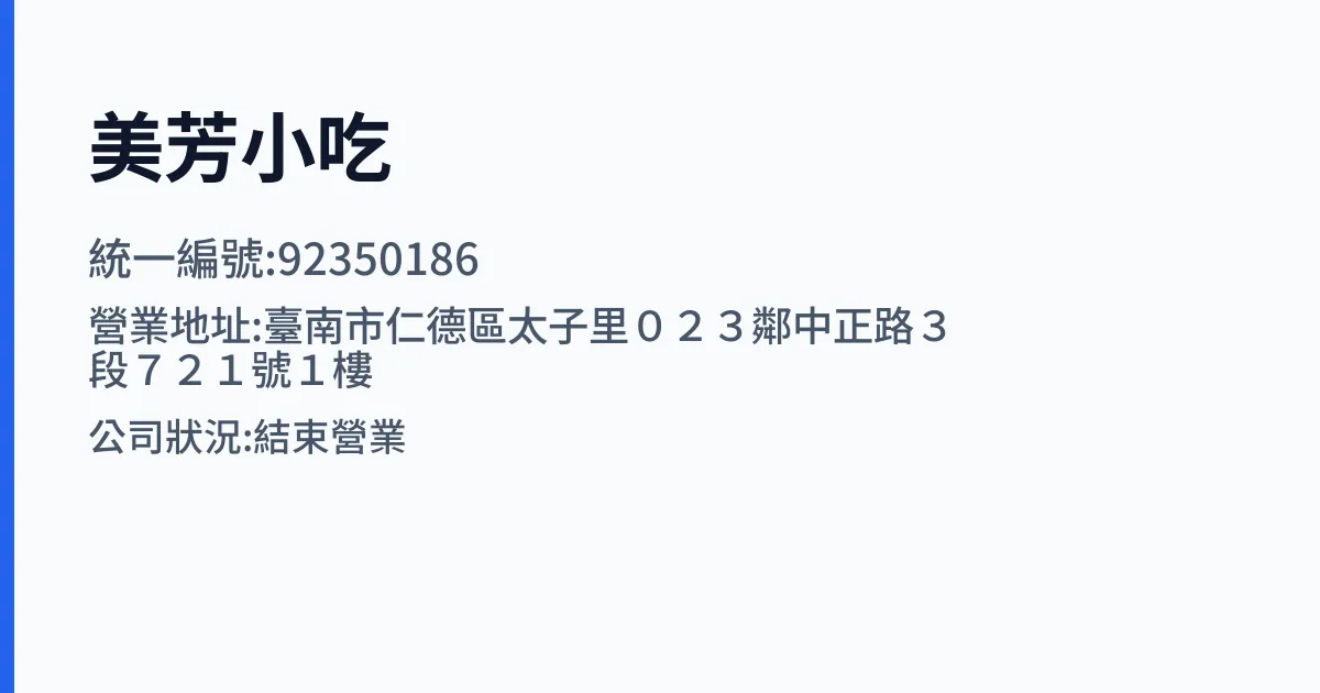 美芳小吃 - 統編 92350186(臺南市) 公司登記資料與營業項目詳細圖表