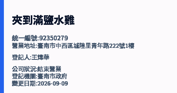 夾到滿鹽水雞的照片-統編 92350279(臺南市) 公司登記資料與營業項目詳細圖表