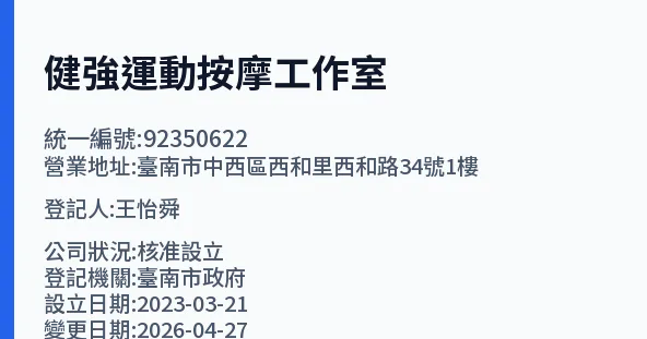 健強運動按摩工作室的照片-統編 92350622(臺南市) 公司登記資料與營業項目詳細圖表
