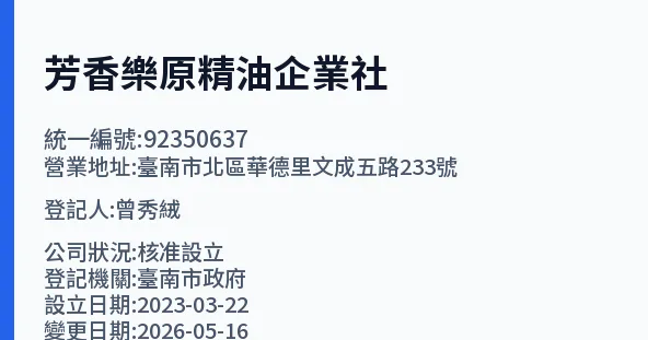 芳香樂原精油企業社的照片-統編 92350637(臺南市) 公司登記資料與營業項目詳細圖表