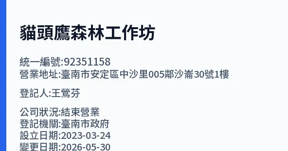 貓頭鷹森林工作坊的照片-統編 92351158(臺南市) 公司登記資料與營業項目詳細圖表
