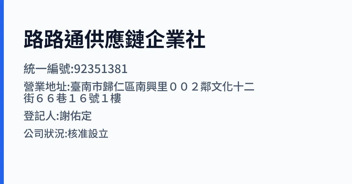 路路通供應鏈企業社 - 統編 92351381(臺南市) 公司登記資料與營業項目詳細圖表