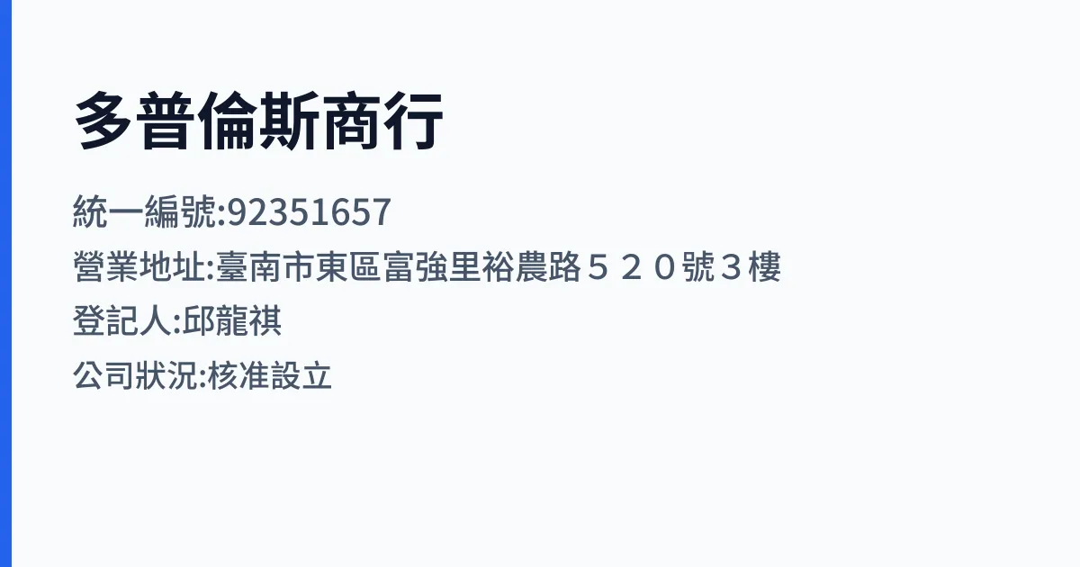 多普倫斯商行 - 統編 92351657(臺南市) 公司登記資料與營業項目詳細圖表