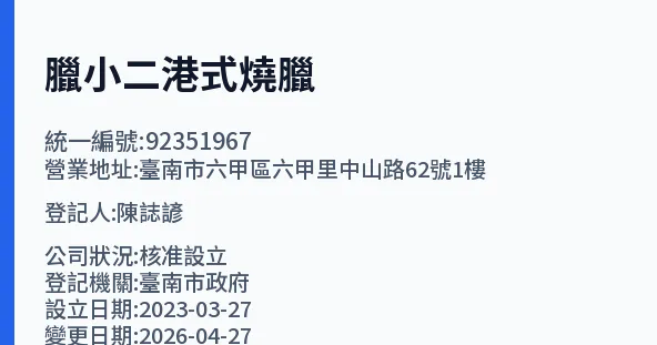 臘小二港式燒臘的照片-統編 92351967(臺南市) 公司登記資料與營業項目詳細圖表