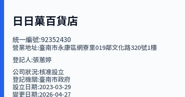 日日菓百貨店的照片-統編 92352430(臺南市) 公司登記資料與營業項目詳細圖表