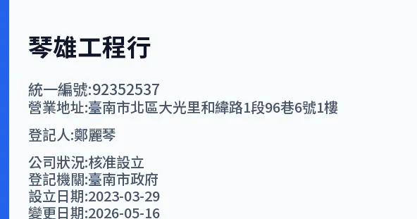 琴雄工程行的照片-統編 92352537(臺南市) 公司登記資料與營業項目詳細圖表
