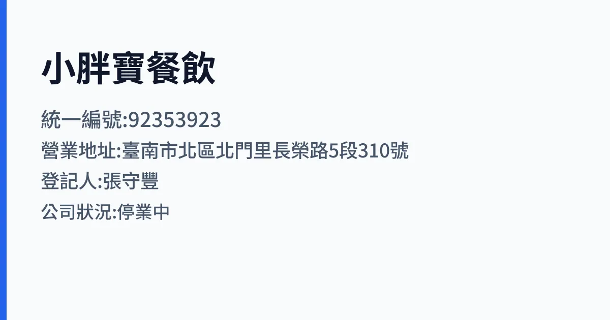 小胖寶餐飲 - 統編 92353923(臺南市) 公司登記資料與營業項目詳細圖表