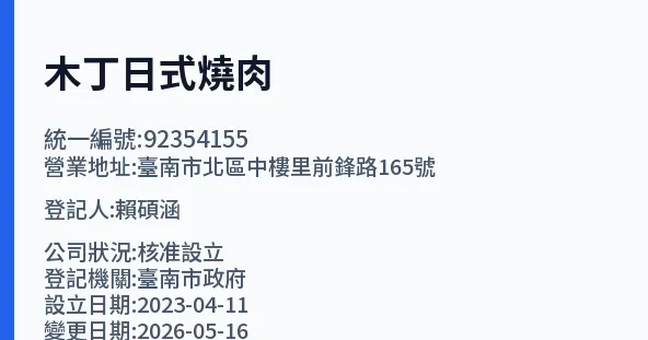 木丁日式燒肉的照片-統編 92354155(臺南市) 公司登記資料與營業項目詳細圖表