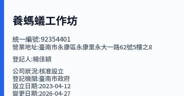 養螞蟻工作坊的照片-統編 92354401(臺南市) 公司登記資料與營業項目詳細圖表