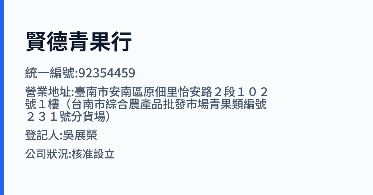 賢德青果行 - 統編 92354459(臺南市) 公司登記資料與營業項目詳細圖表