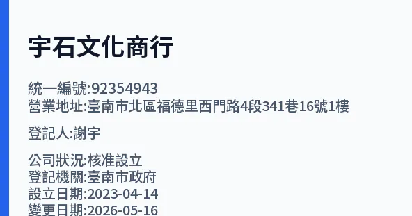 宇石文化商行的照片-統編 92354943(臺南市) 公司登記資料與營業項目詳細圖表