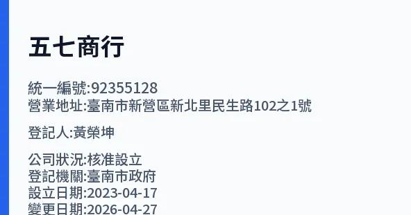 五七商行的照片-統編 92355128(臺南市) 公司登記資料與營業項目詳細圖表