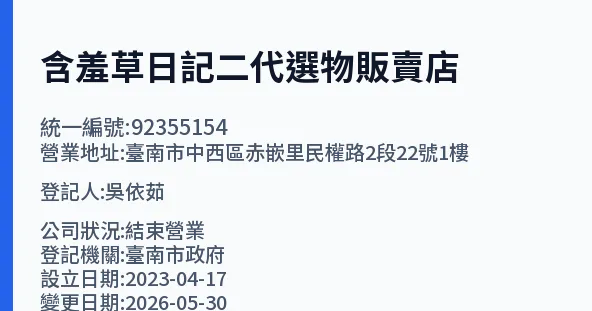 含羞草日記二代選物販賣店的照片-統編 92355154(臺南市) 公司登記資料與營業項目詳細圖表