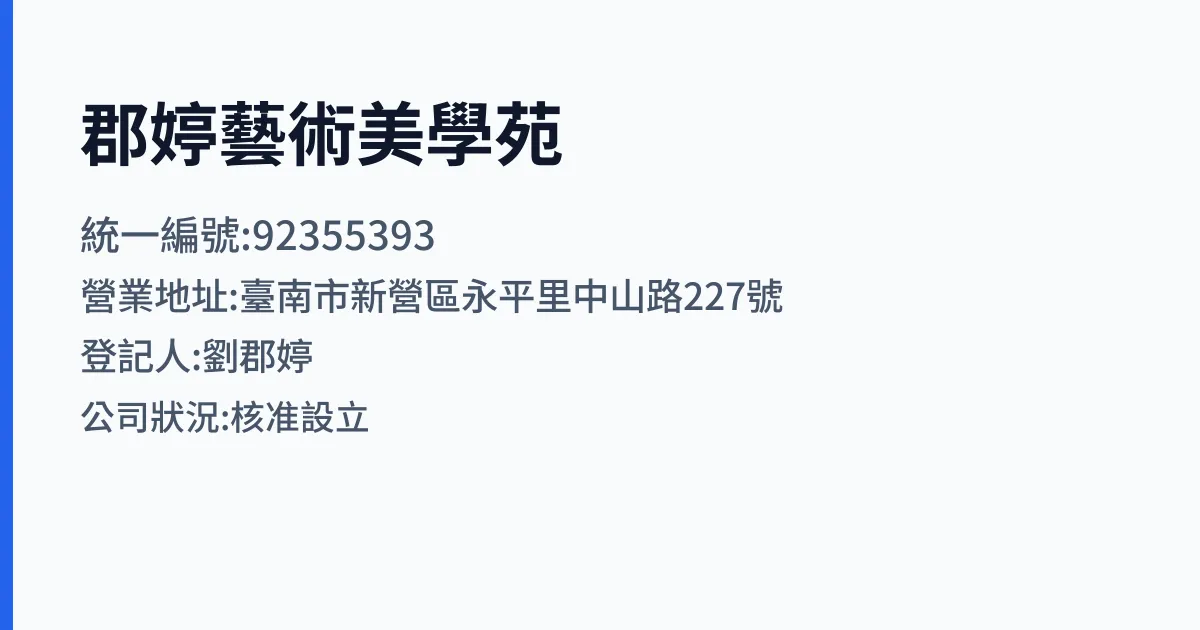 郡婷藝術美學苑 - 統編 92355393（臺南市） 公司登記資料與營業項目詳細圖表