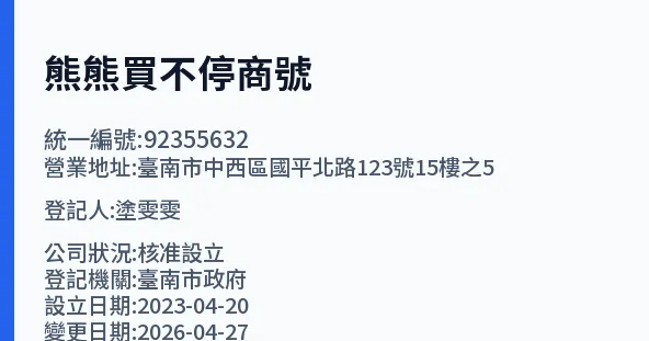 熊熊買不停商號的照片-統編 92355632(臺南市) 公司登記資料與營業項目詳細圖表
