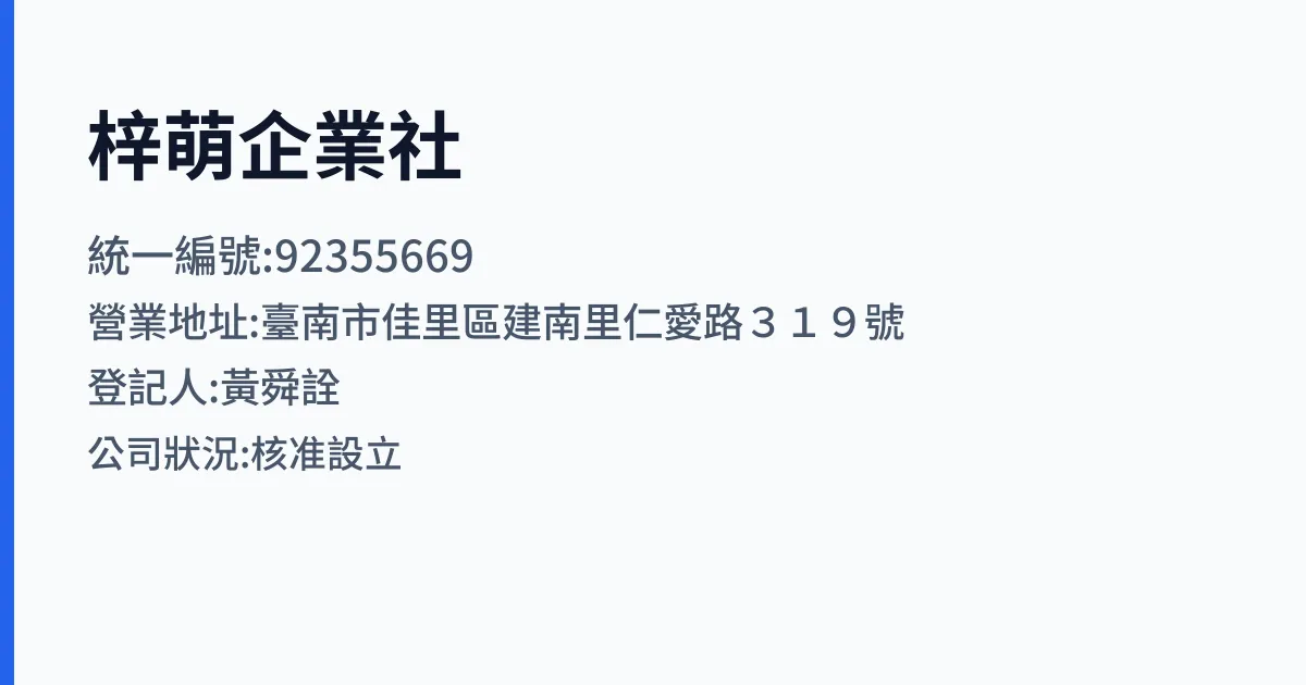 梓萌企業社 - 統編 92355669（臺南市） 公司登記資料與營業項目詳細圖表
