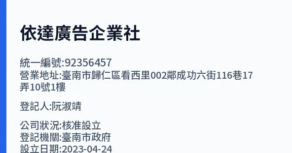 依達廣告企業社的照片-統編 92356457(臺南市) 公司登記資料與營業項目詳細圖表