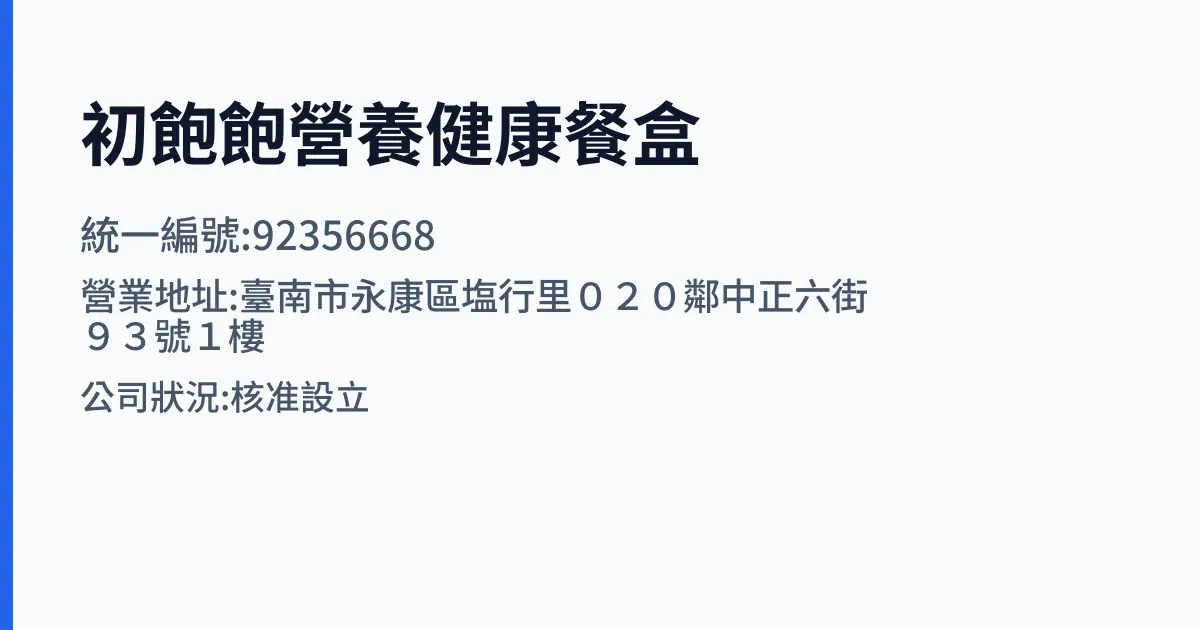 初飽飽營養健康餐盒 - 統編 92356668(臺南市) 公司登記資料與營業項目詳細圖表