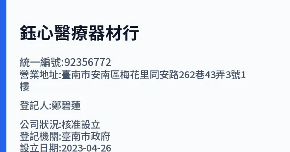 鈺心醫療器材行的照片-統編 92356772(臺南市) 公司登記資料與營業項目詳細圖表