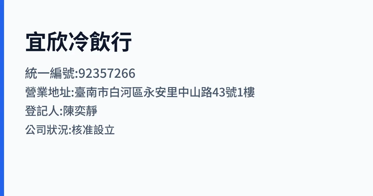 宜欣冷飲行 - 統編 92357266(臺南市) 公司登記資料與營業項目詳細圖表
