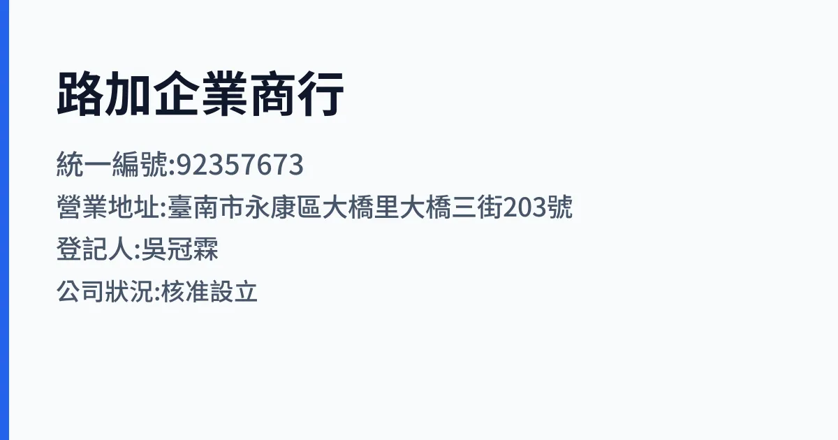 路加企業商行 - 統編 92357673(臺南市) 公司登記資料與營業項目詳細圖表