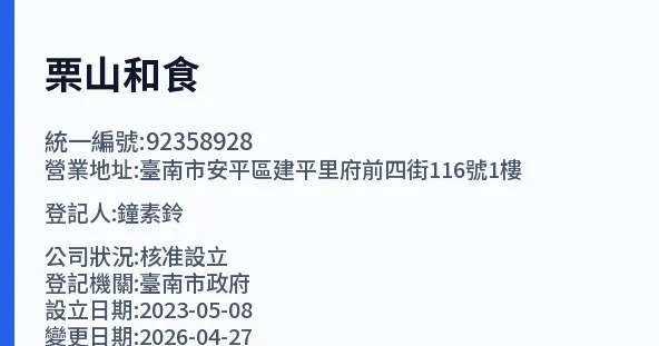 栗山和食的照片-統編 92358928(臺南市) 公司登記資料與營業項目詳細圖表