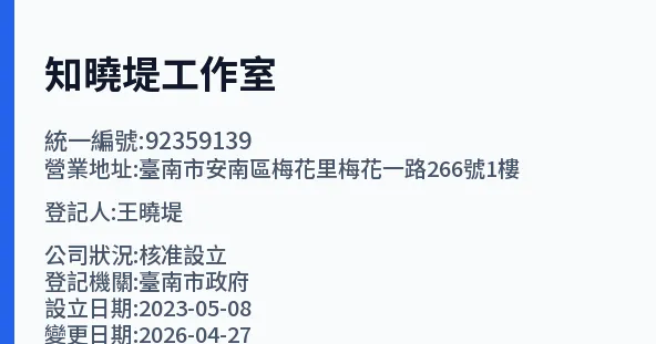 知曉堤工作室的照片-統編 92359139(臺南市) 公司登記資料與營業項目詳細圖表