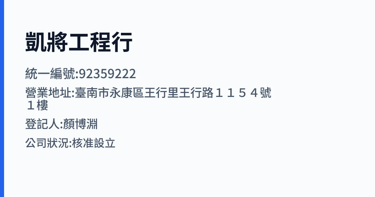 凱將工程行 - 統編 92359222(臺南市) 公司登記資料與營業項目詳細圖表
