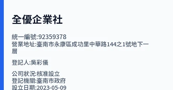 全優企業社的照片-統編 92359378(臺南市) 公司登記資料與營業項目詳細圖表