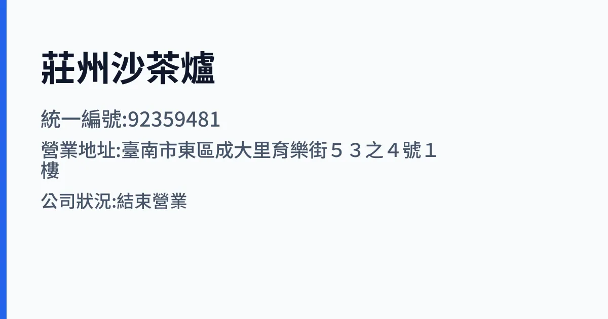 莊州沙茶爐 - 統編 92359481(臺南市) 公司登記資料與營業項目詳細圖表