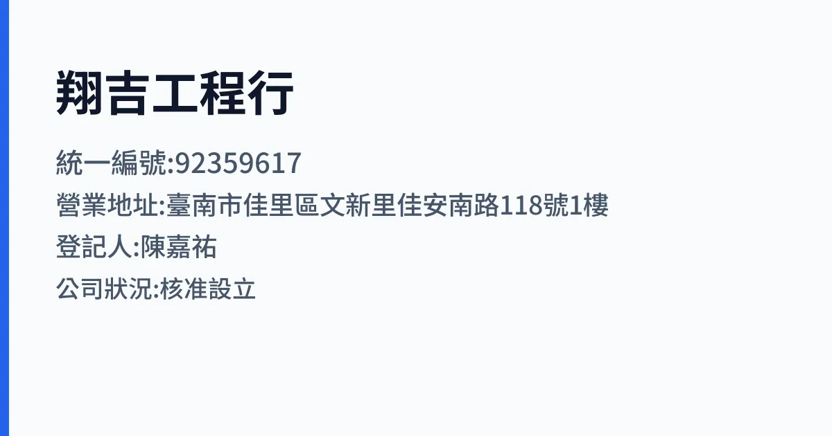 翔吉工程行 - 統編 92359617(臺南市) 公司登記資料與營業項目詳細圖表