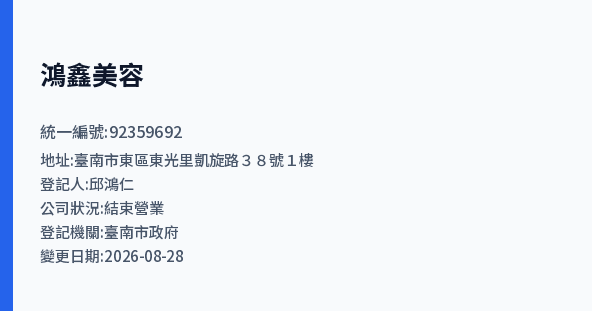鴻鑫美容的照片-統編 92359692(臺南市) 公司登記資料與營業項目詳細圖表