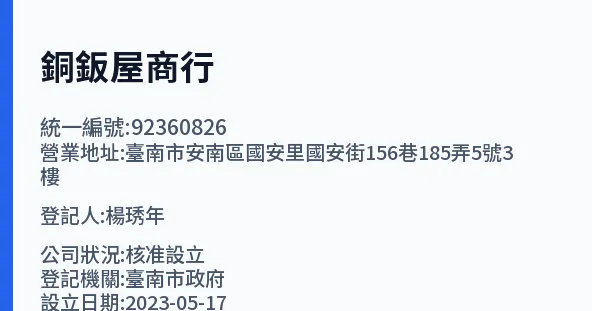 銅鈑屋商行的照片-統編 92360826(臺南市) 公司登記資料與營業項目詳細圖表