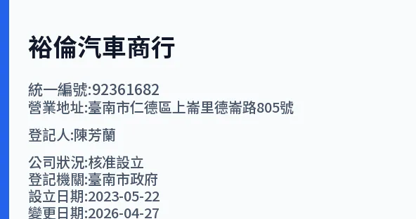 裕倫汽車商行的照片-統編 92361682(臺南市) 公司登記資料與營業項目詳細圖表