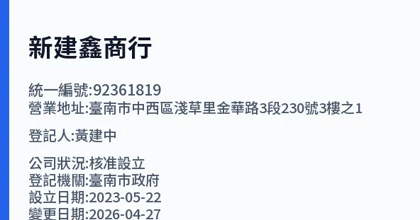 新建鑫商行的照片-統編 92361819(臺南市) 公司登記資料與營業項目詳細圖表