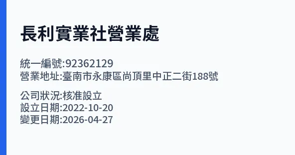 長利實業社營業處的照片-統編 92362129(臺南市) 公司登記資料與營業項目詳細圖表