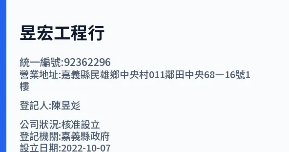 昱宏工程行的照片-統編 92362296(嘉義縣) 公司登記資料與營業項目詳細圖表