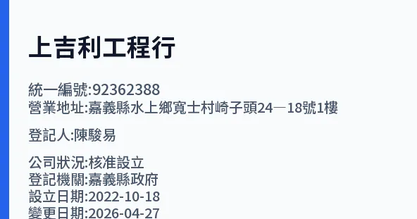 上吉利工程行的照片-統編 92362388(嘉義縣) 公司登記資料與營業項目詳細圖表