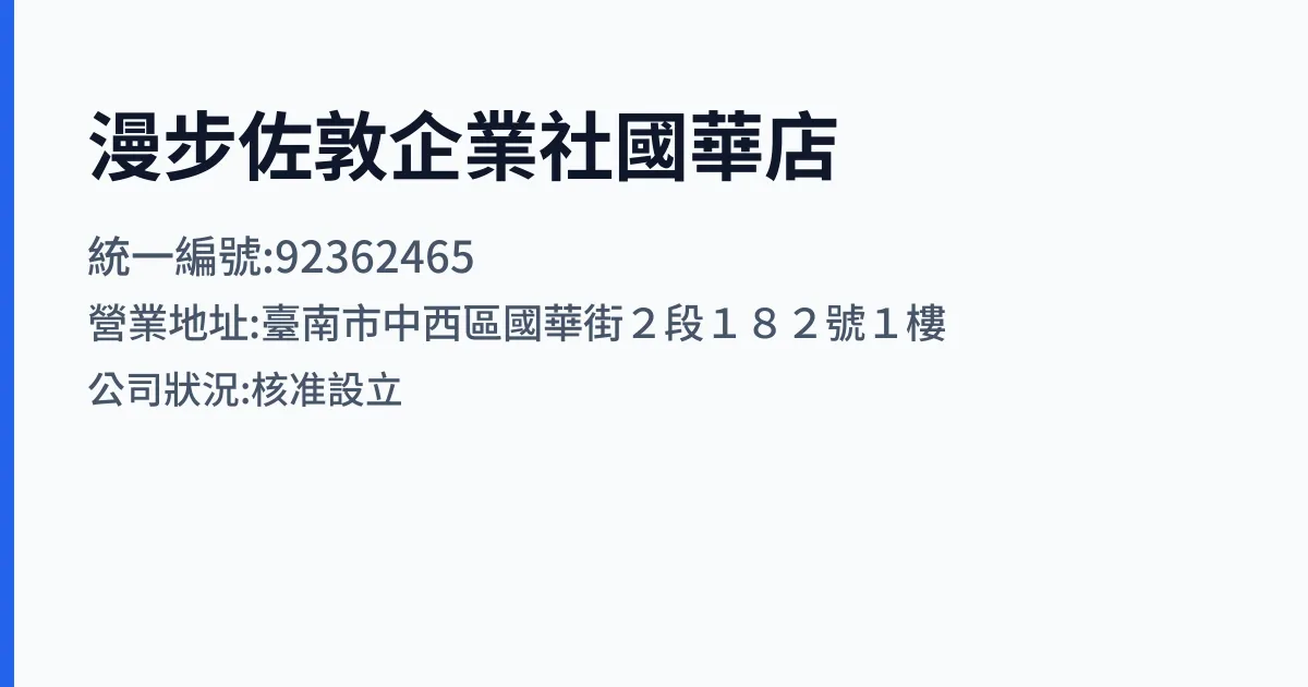 漫步佐敦企業社國華店 - 統編 92362465(臺南市) 公司登記資料與營業項目詳細圖表