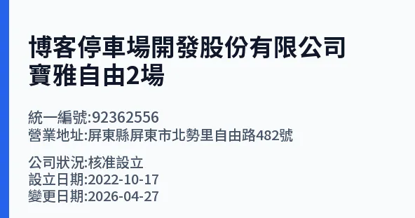 博客停車場開發股份有限公司寶雅自由2場的照片-統編 92362556(屏東縣) 公司登記資料與營業項目詳細圖表